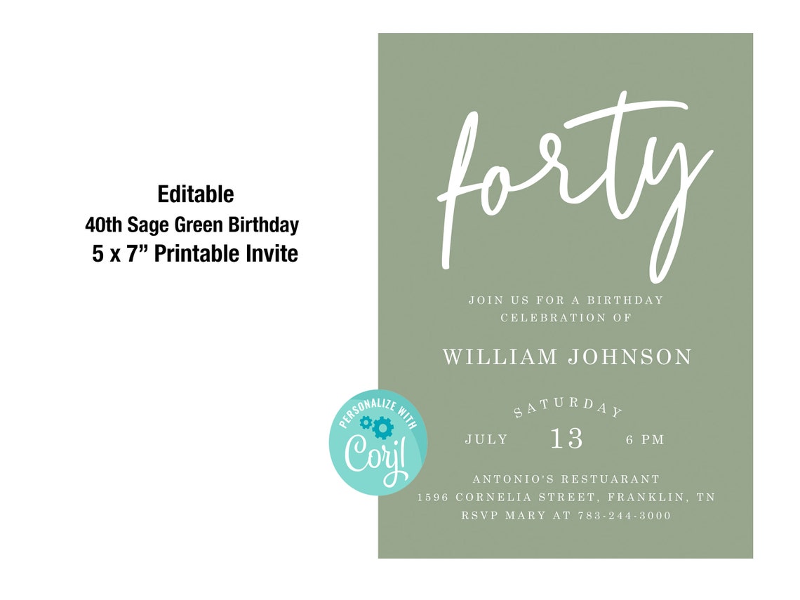 40th Birthday Invitation Forty Printable Sage Green Birthday - Etsy