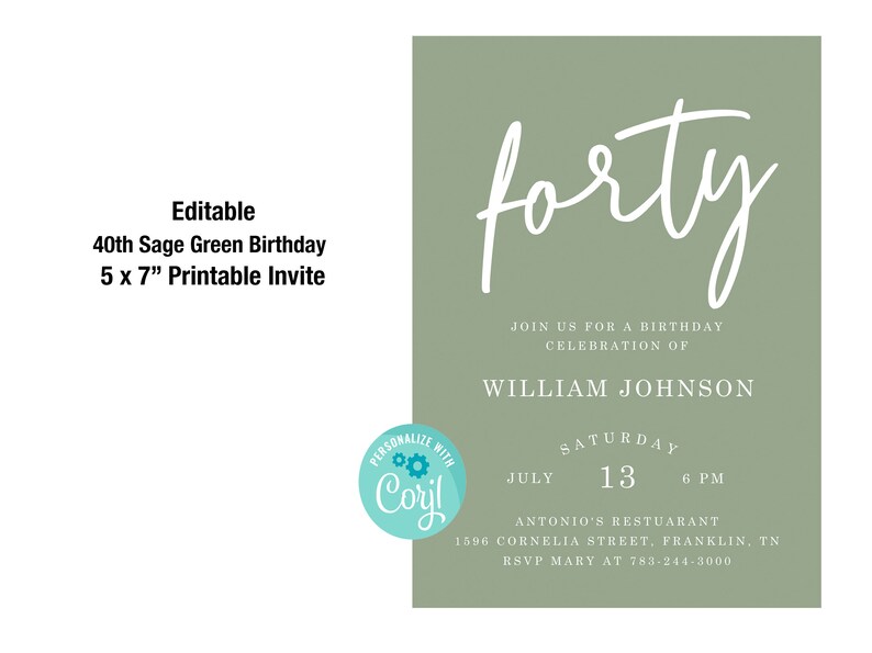 40th Birthday Invitation Forty Printable Sage Green Birthday - Etsy
