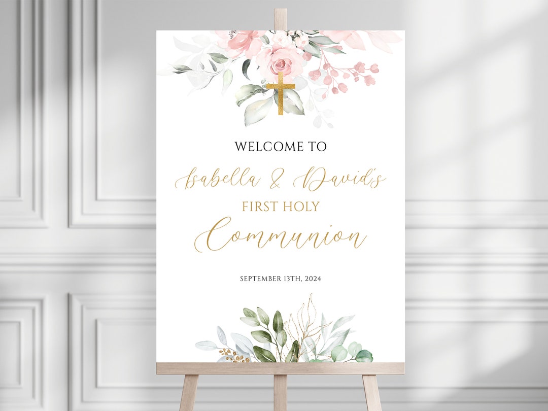 Pink First Greenery Holy Communion Welcome Sign, Editable Communion ...