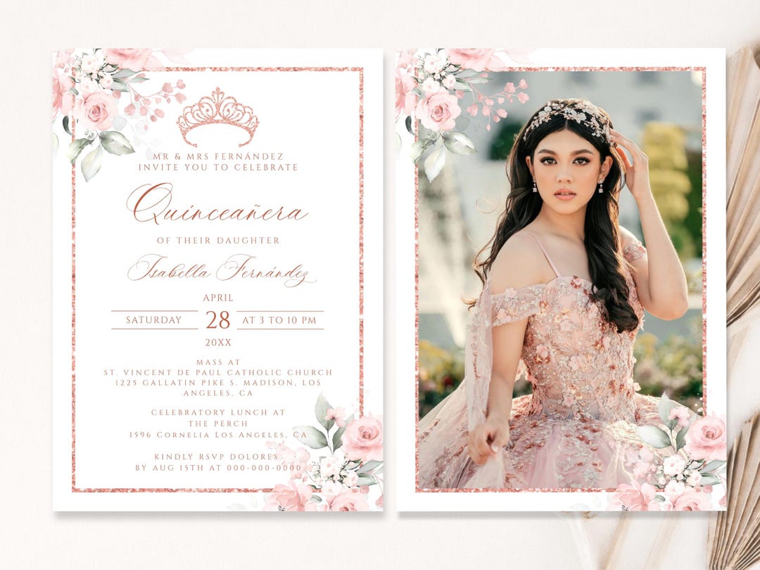 Pink and Rose Gold Quinceañera Invitation, EDITABLE Tiara Rose 15th ...