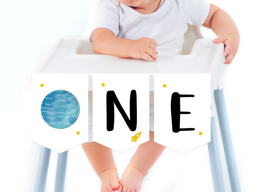 Editable Outer Space Planets High Chair Banner Astronaut Rocket 1st ...