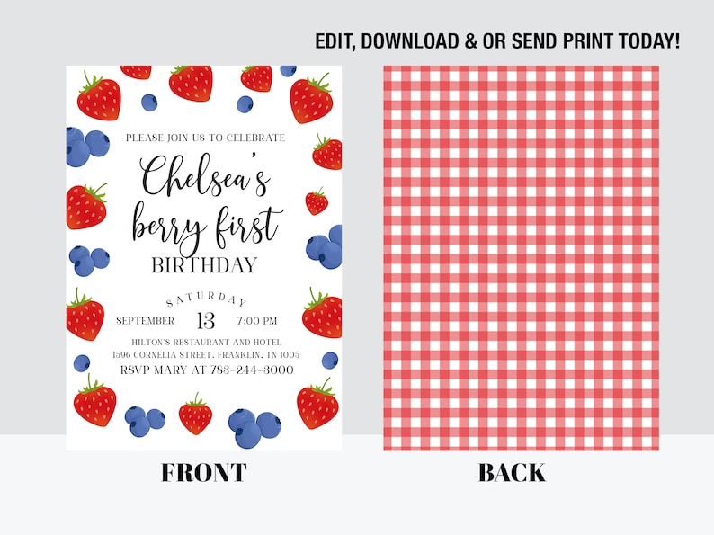 Editable Berry Sweet Birthday Invitation Blueberry Strawberry Picking ...
