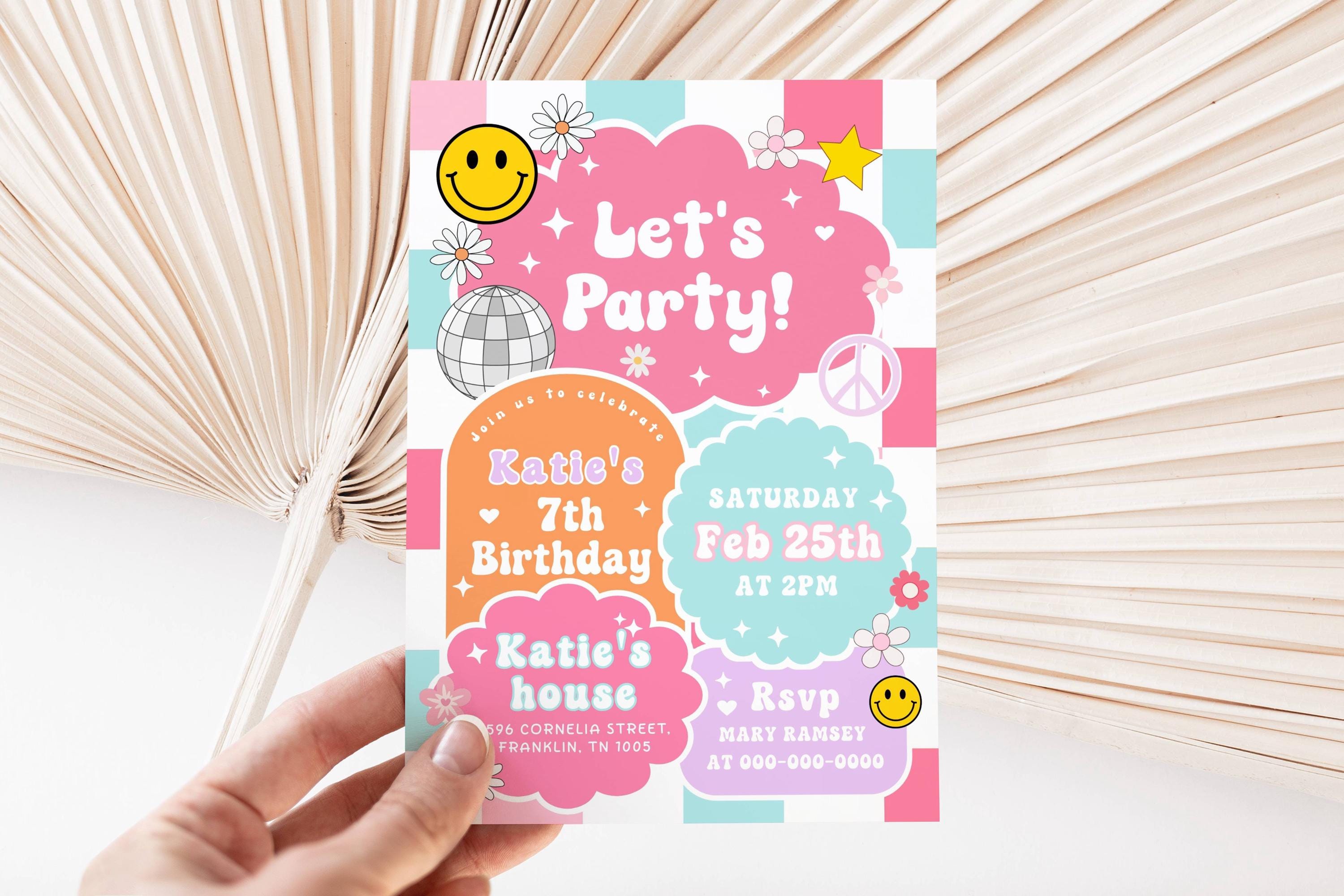 Editable Checkered Smile Face Birthday Invite, Groovy Retro Birthday ...