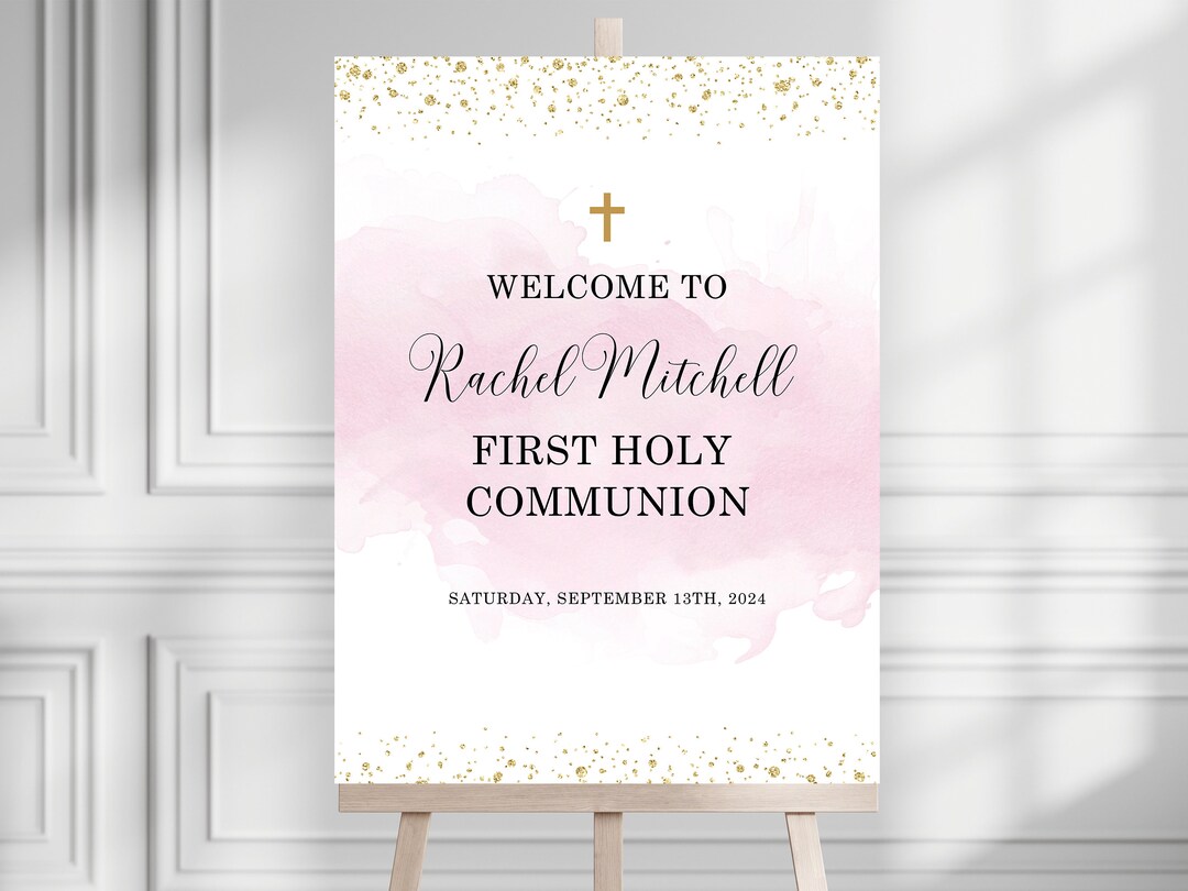Pink Communion Welcome Sign, First Holy Communion, Watercolor Pink ...