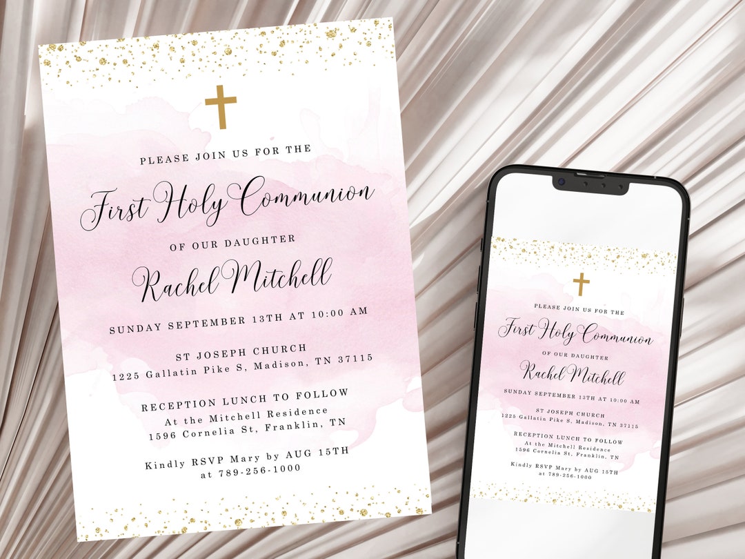 Pink First Holy Communion Invitation INSTANT DOWNLOAD Editable ...