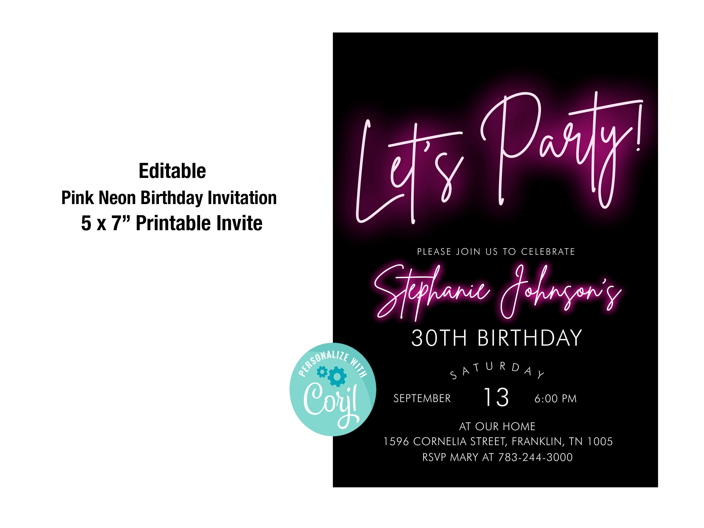 Editable Pink Neon Glow Party Invitation, Party Invitation, Dinner ...