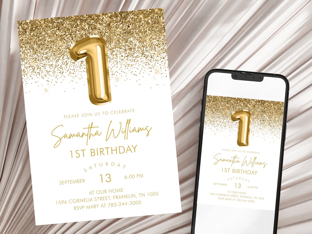 Gold Glitter Birthday Party Invitation, Golden Birthday 1st Invitation ...