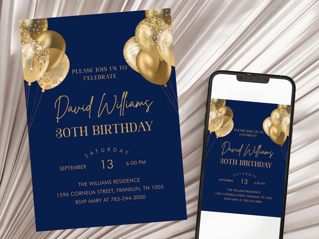 Editable Blue Gold Birthday Invitation, Printable Birthday Party Invite ...