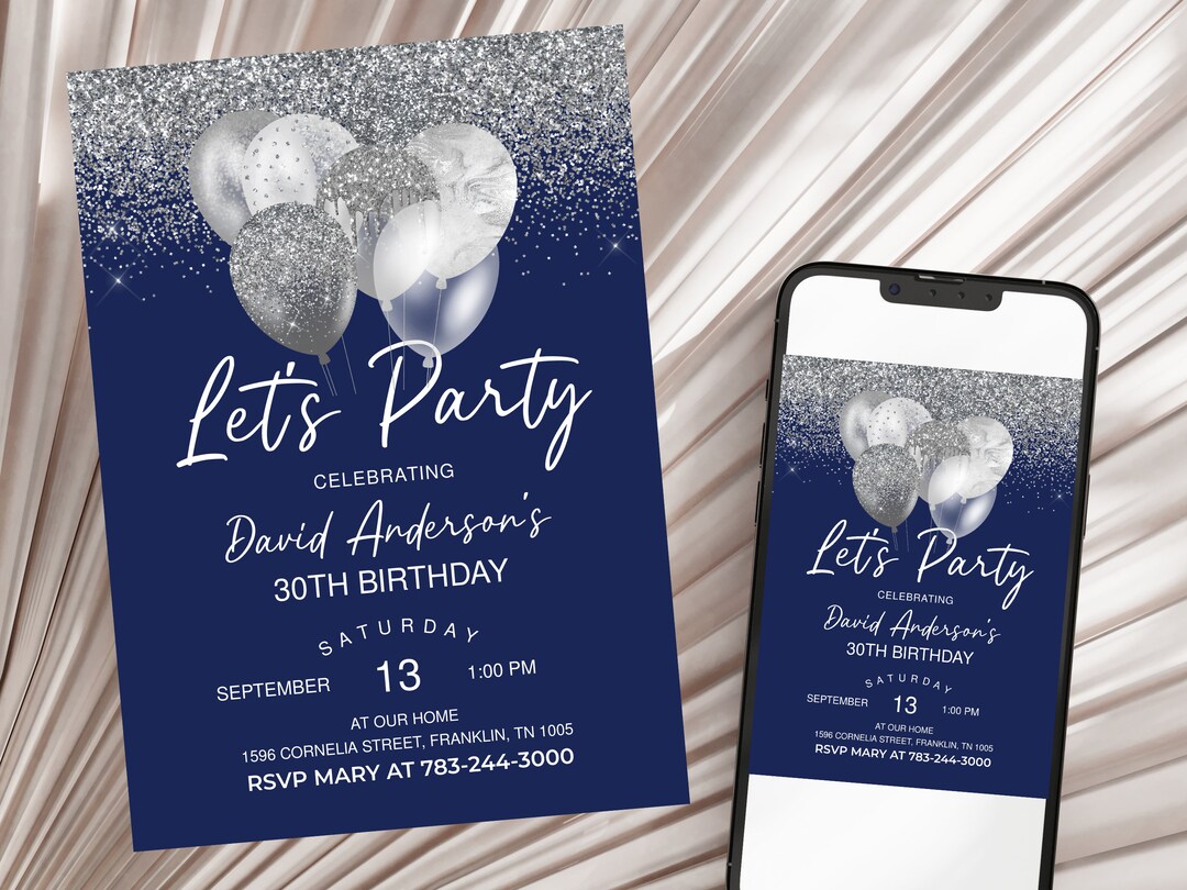 Navy Blue Silver Balloons Birthday Invitation, Birthday Party Invite ...