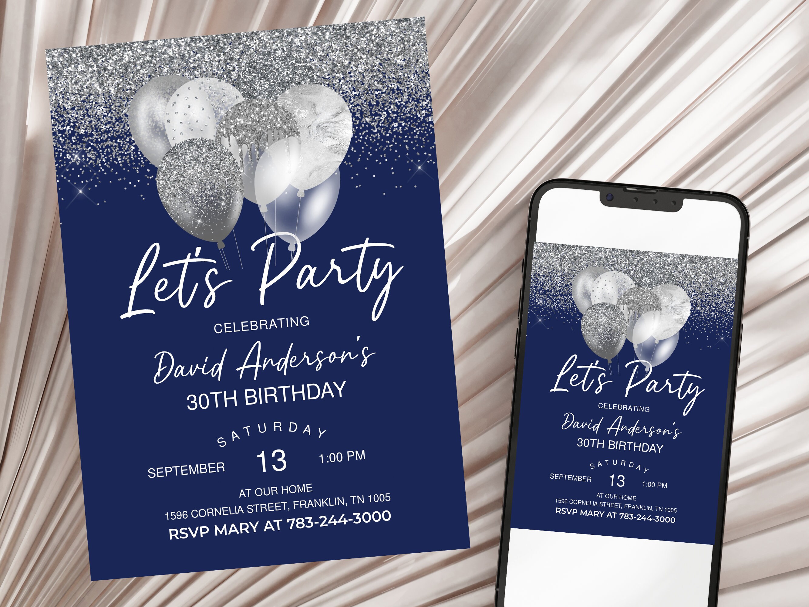 Navy Blue Silver Balloons Birthday Invitation, Birthday Party Invite ...