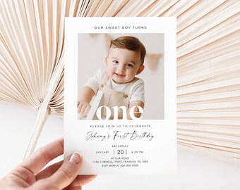 Editable 1st Birthday Photo Invitation, Minimal First Birthday Invite ...