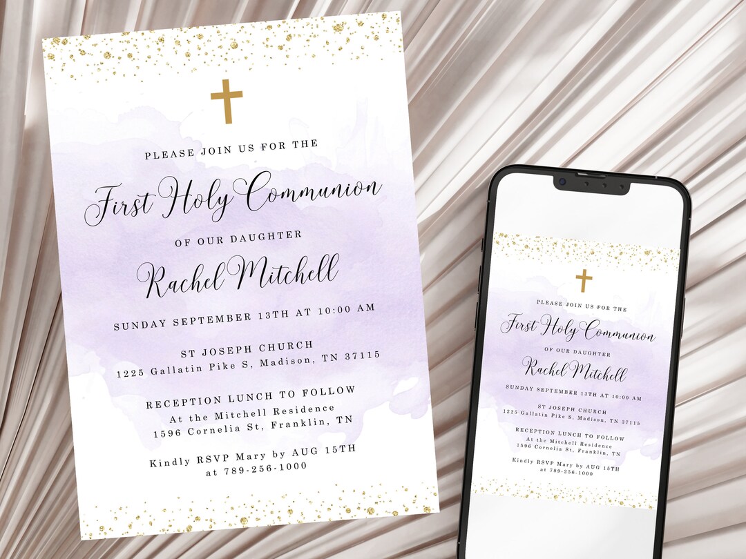 Purple First Holy Communion Invitation INSTANT DOWNLOAD Editable ...