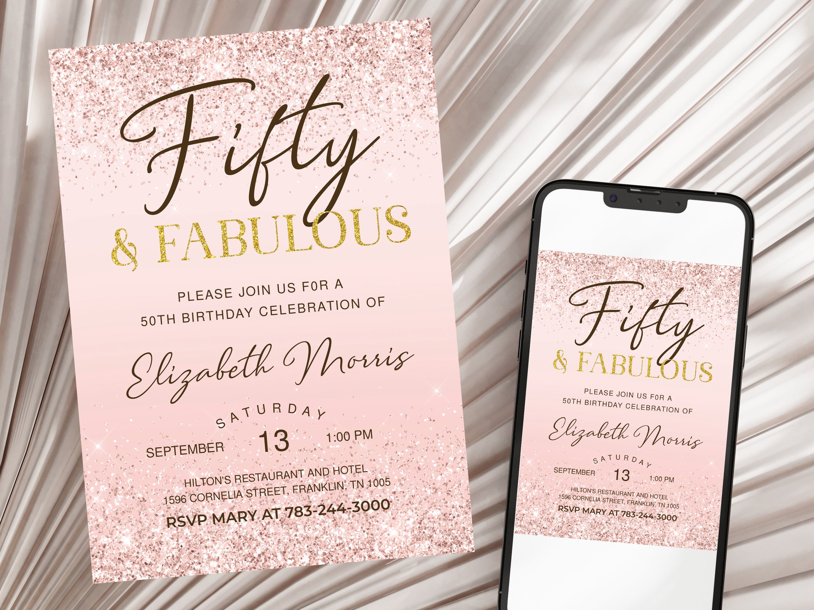 50th Birthday Invitation Printable Rose Gold Fifty and Fabulous Dinner Party Invite for Ladies ...