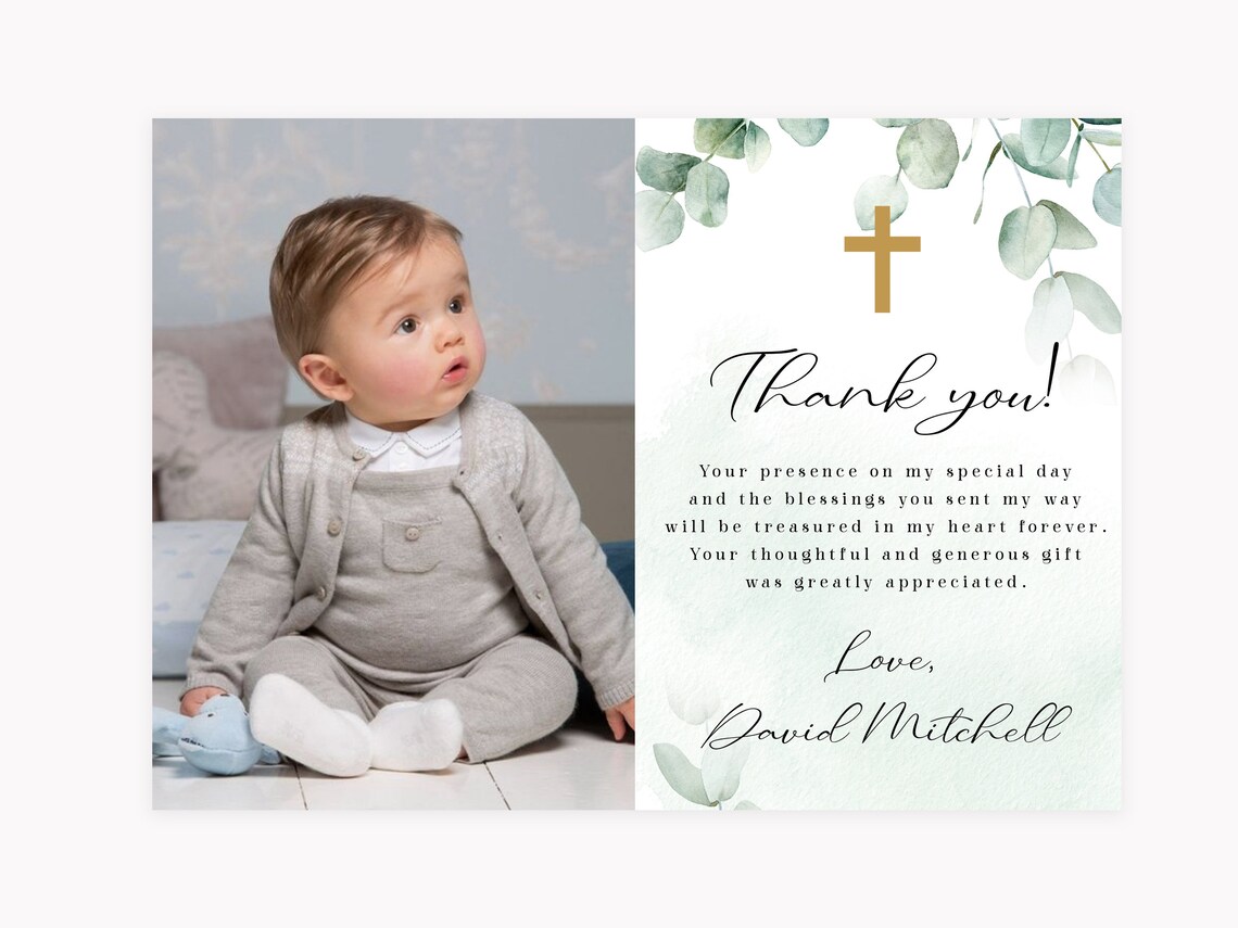Baptism Thank You Card Greenery Baptism Eucalyptus Baptism - Etsy