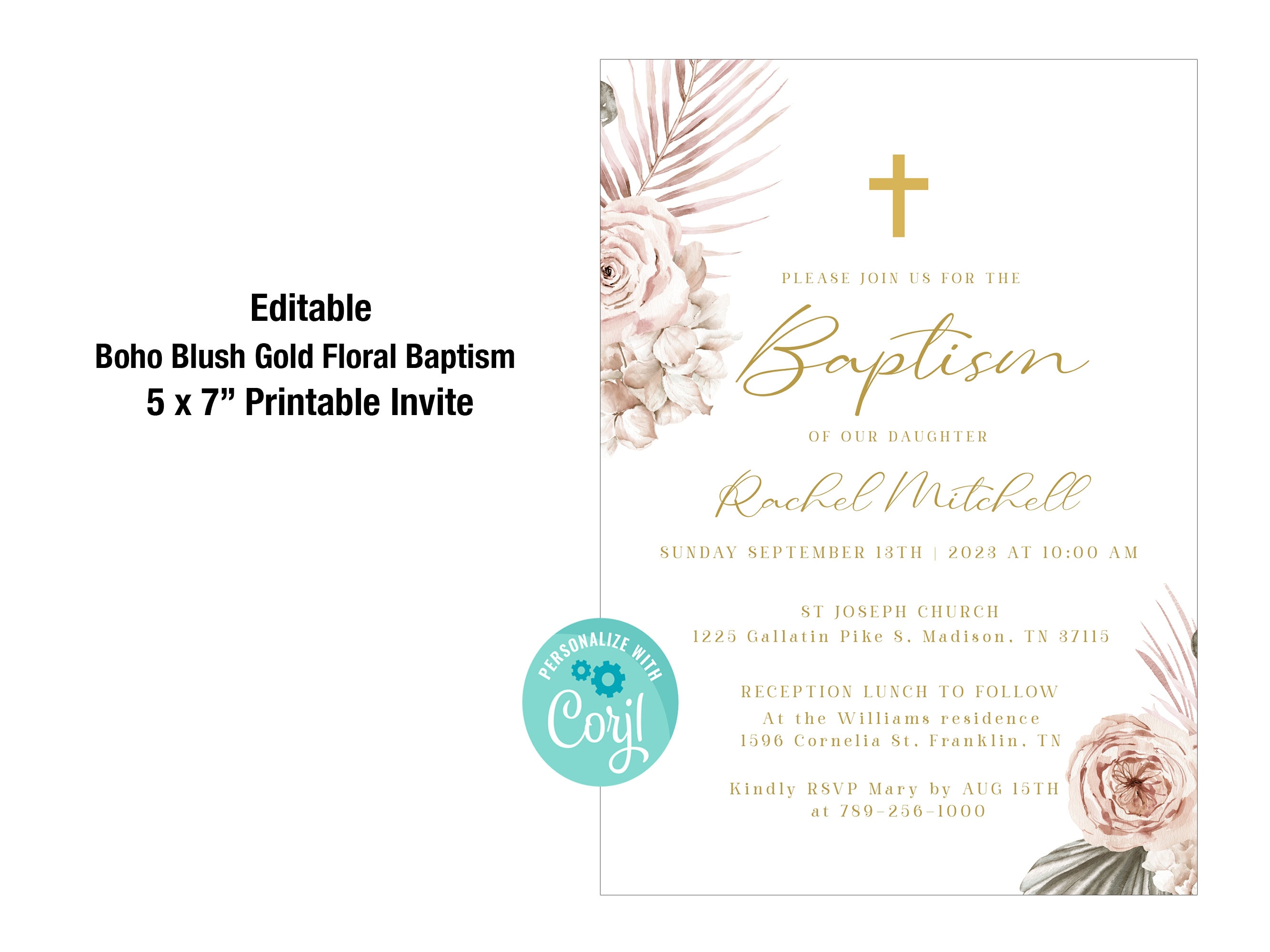 Boho Blush Gold Baptism Invitation Template, Floral Printable Baptism ...