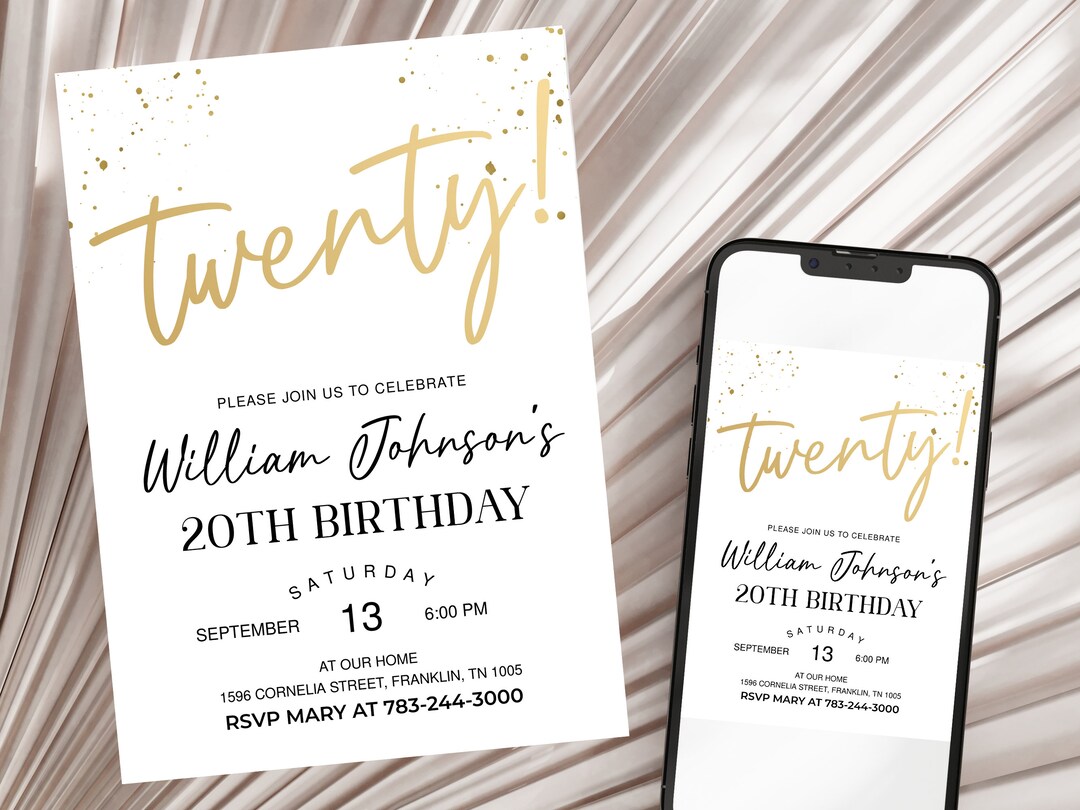 20th Birthday Invitation All White Gold Party Invite for Men or Ladies ...