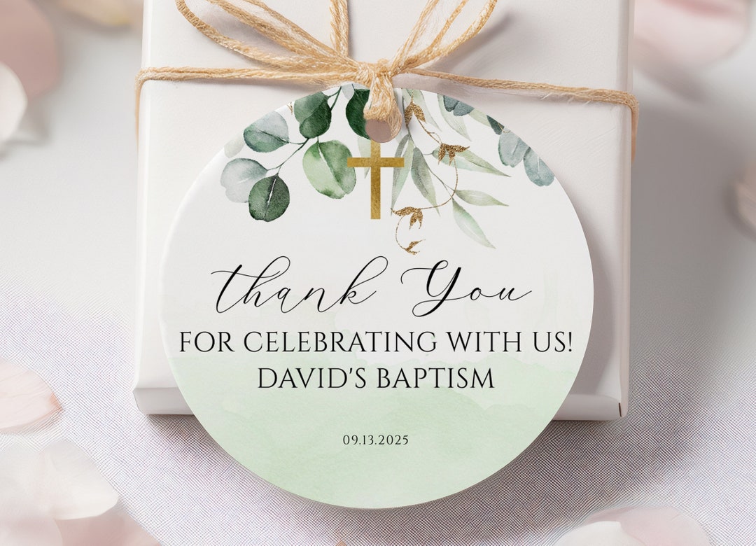 Baptism Thank You Tag Template, Editable Round Tags Greenery Round ...
