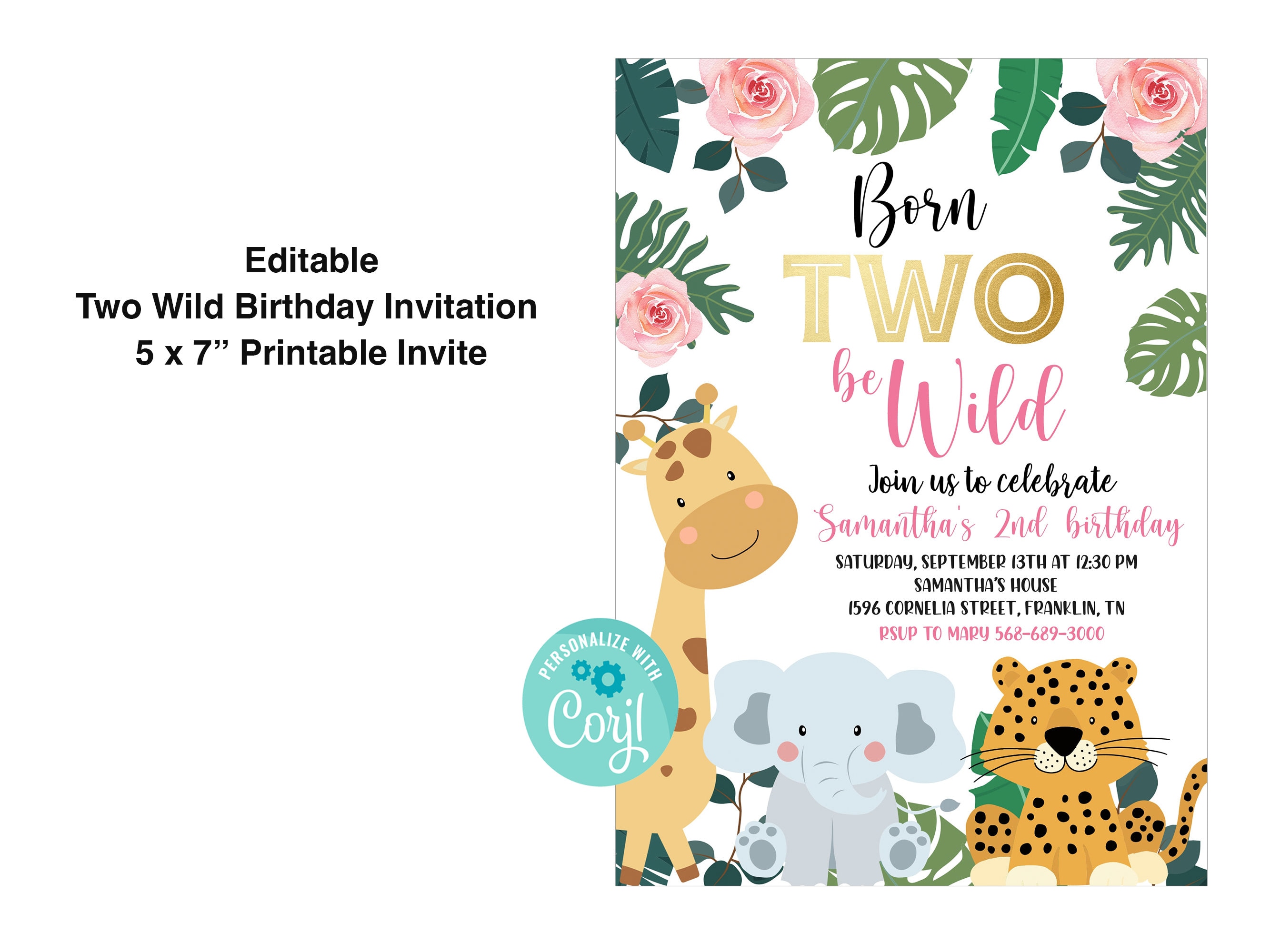 Editable Born Two Be Wild Birthday Invitation Girl Animals Jungle ...