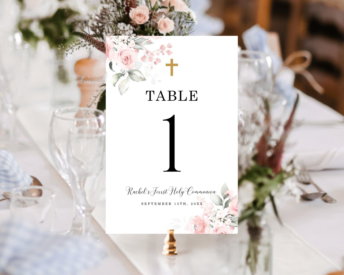 Editable First Holy Communion Pink Table Numbers, Table Number Template ...