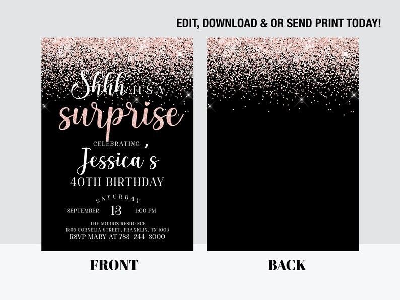40th Birthday Invitation Printable, Birthday Surprise Party, Black Rose ...