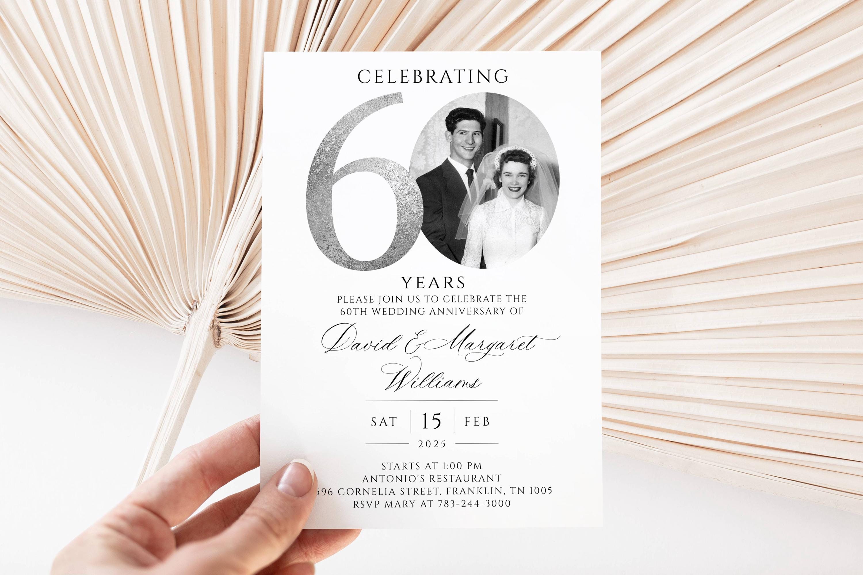 60th Wedding Anniversary Invitation, Silver Diamond Anniversary Photo ...