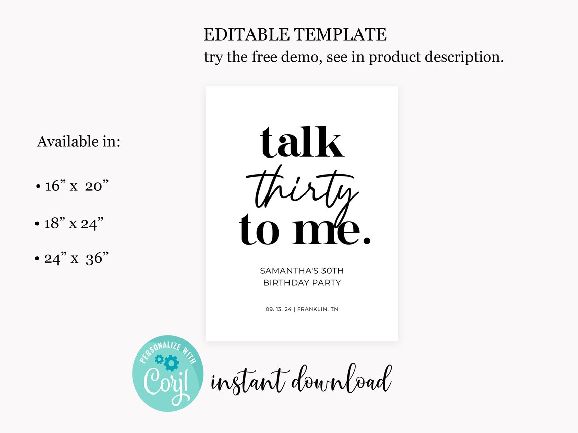 Talk Thirty to Me Minimalist 30th Birthday Party Welcome Sign, Editable ...