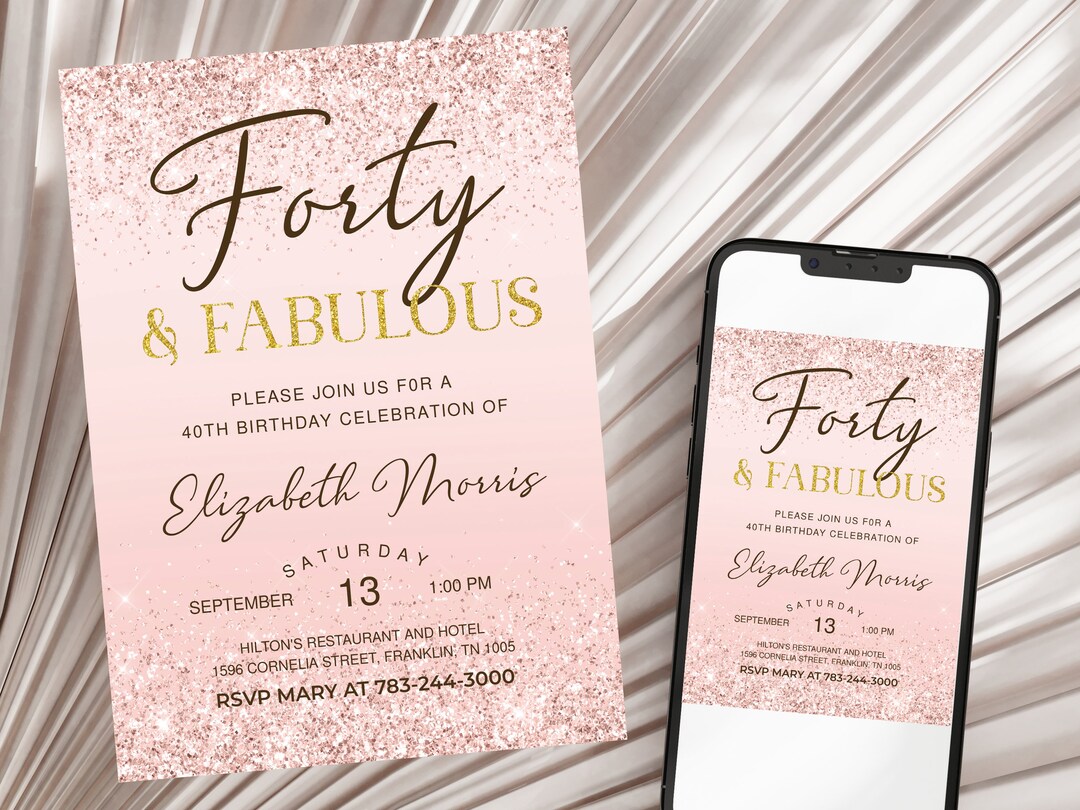 40th Birthday Invitation Printable Rose Gold Forty and Fabulous Dinner ...