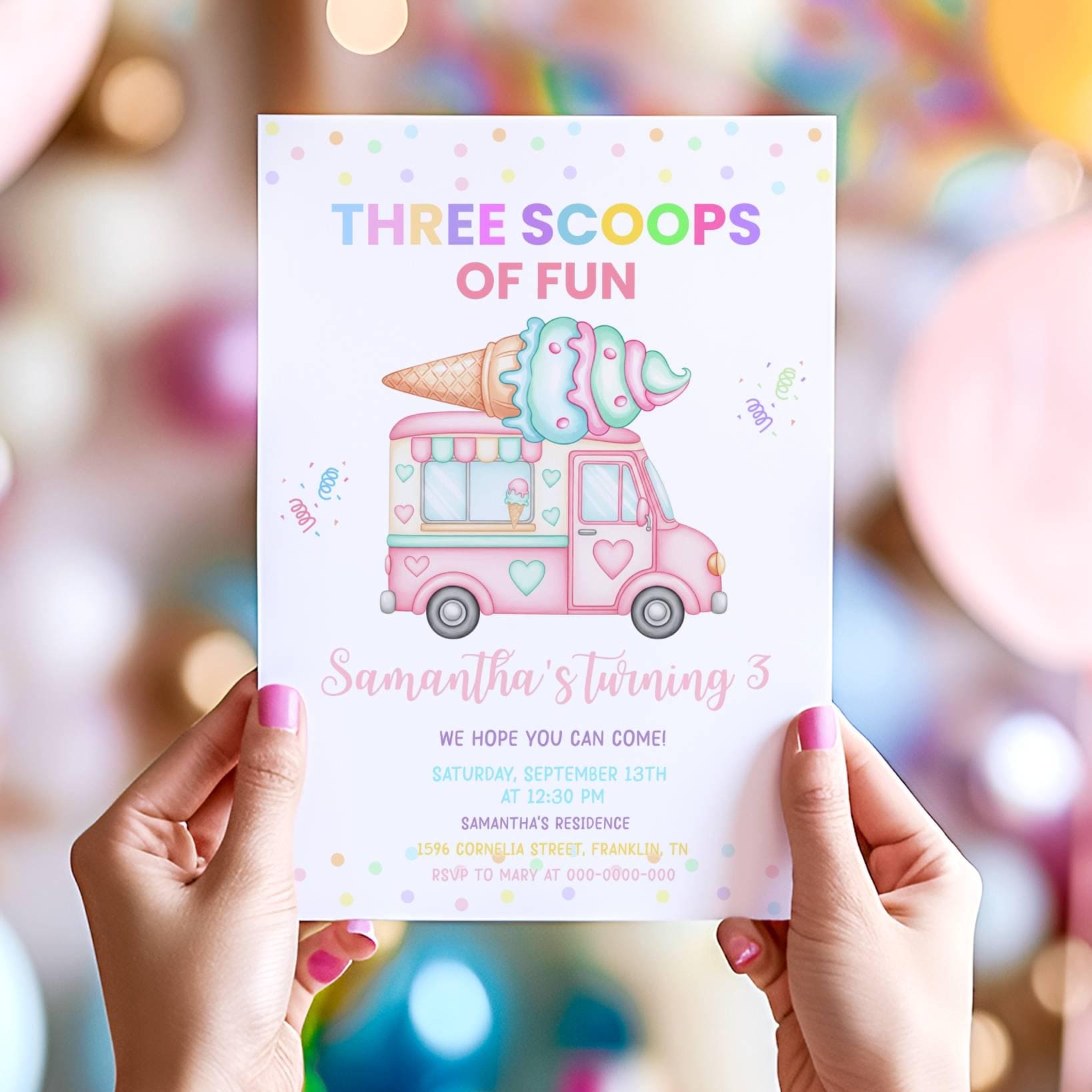 Editable Ice Cream Truck Three Scoops of Fun 3rd Birthday Party ...