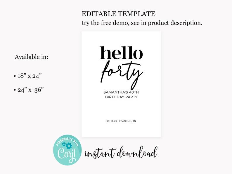 Hello Forty Minimalist 40th Birthday Party Welcome Sign, Editable ...