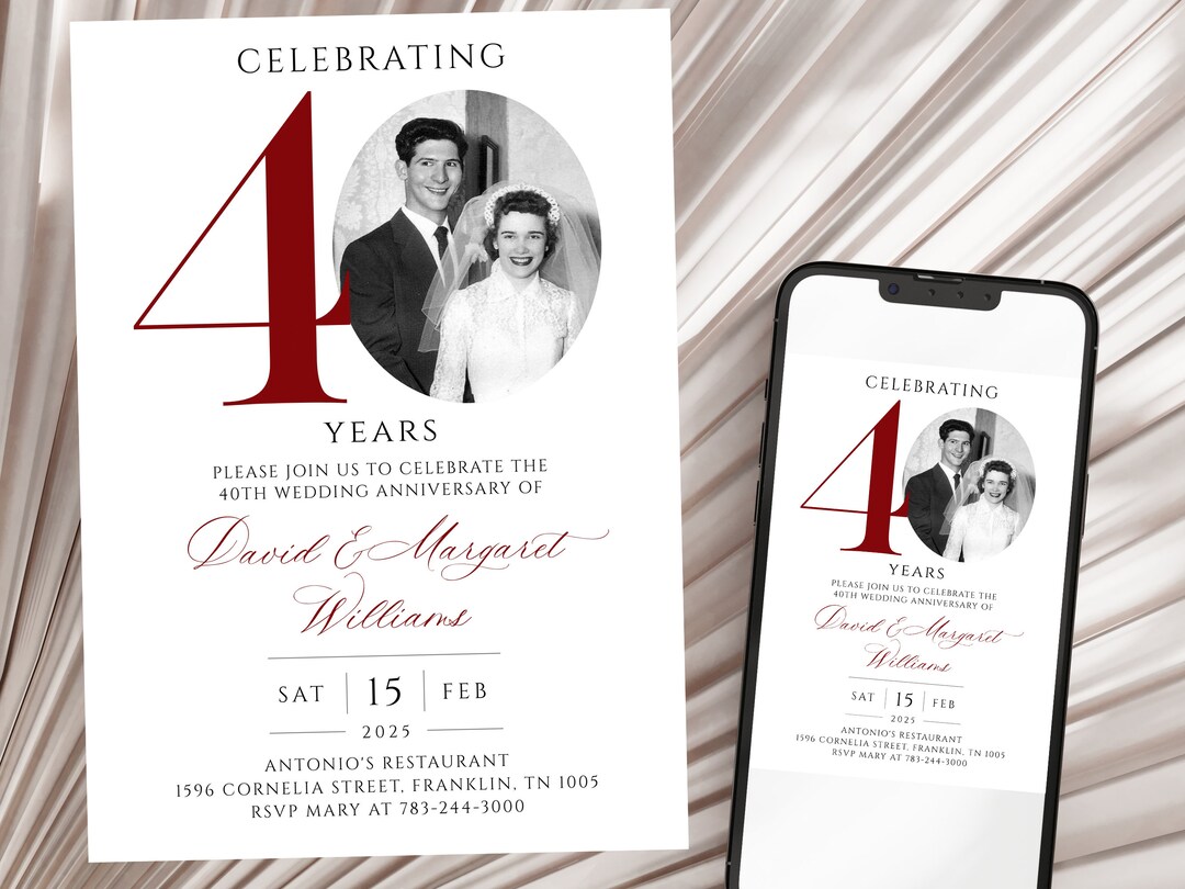 40th Wedding Anniversary Invitation, Burgundy Ruby Wedding Anniversary ...