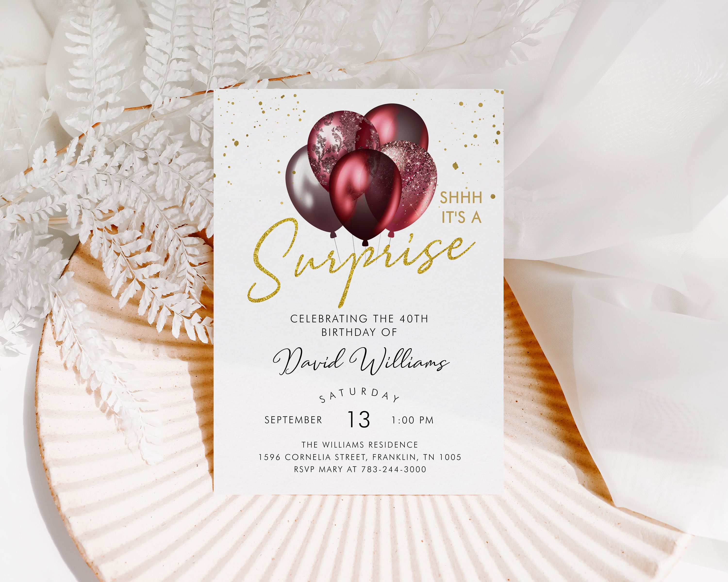 Birthday Invitation Balloons Printable Shhh Its a Surprise Party Invite ...