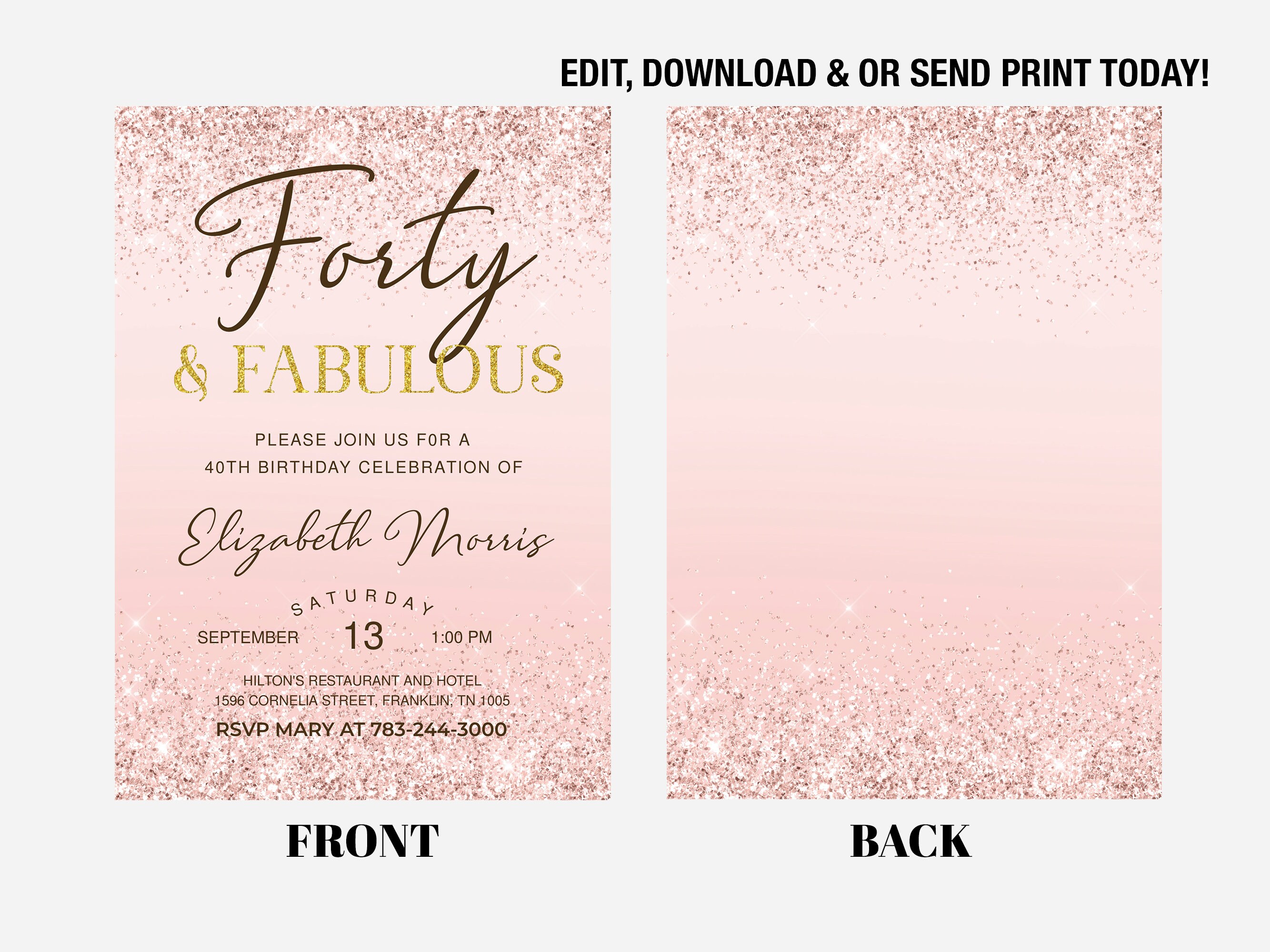 40th Birthday Invitation Printable Rose Gold Forty and Fabulous Dinner ...