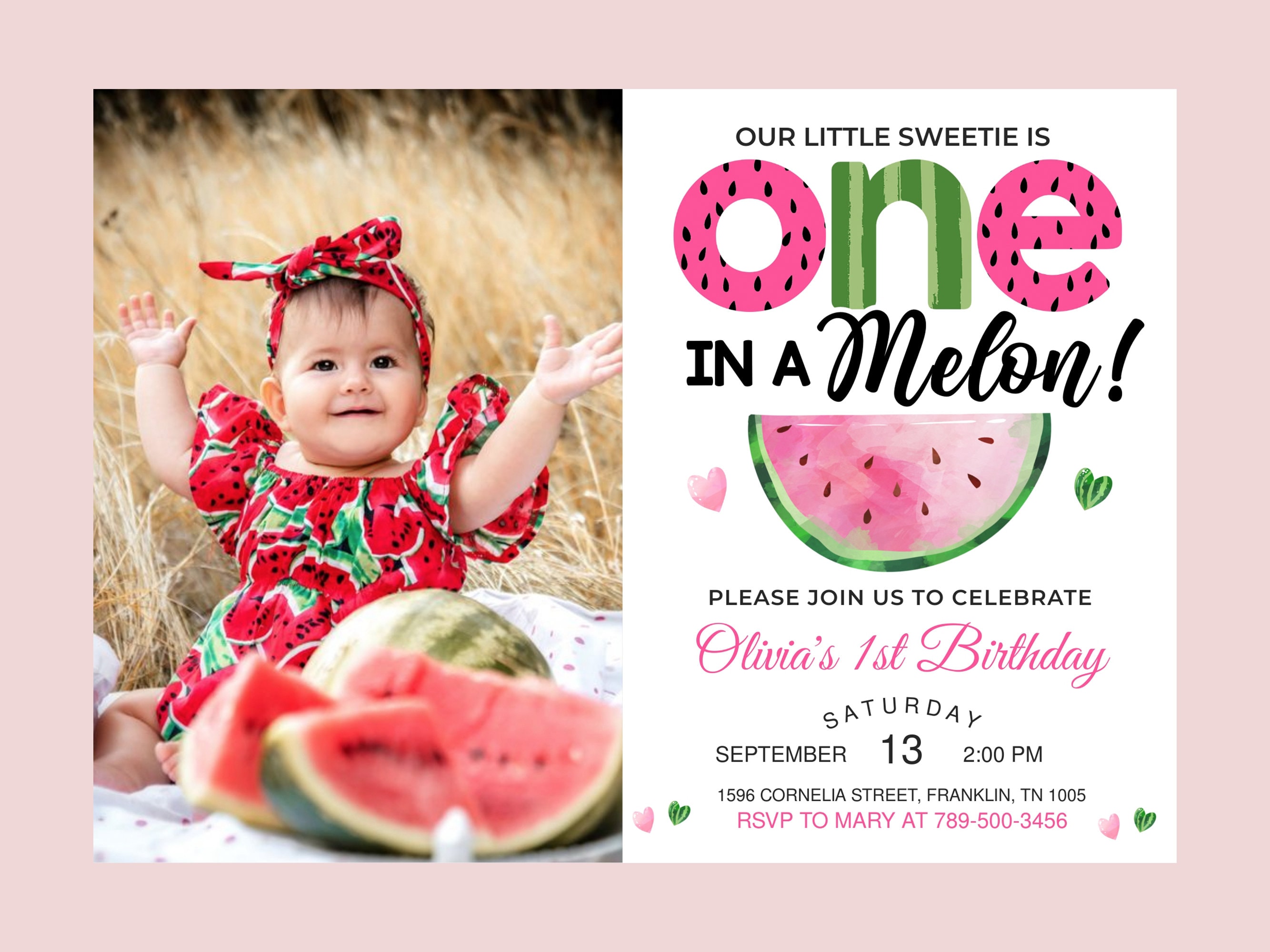Editable Watermelon Invitation, Birthday Invitations, Pink Watermelon ...
