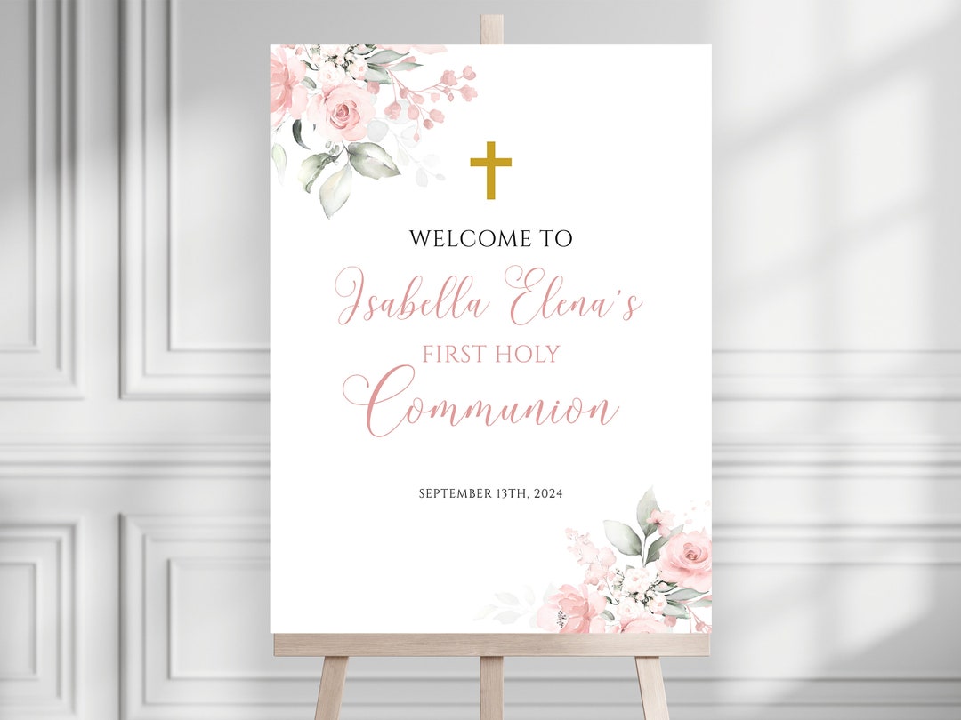 Pink First Holy Communion Welcome Sign, Editable Communion Welcome Sign ...