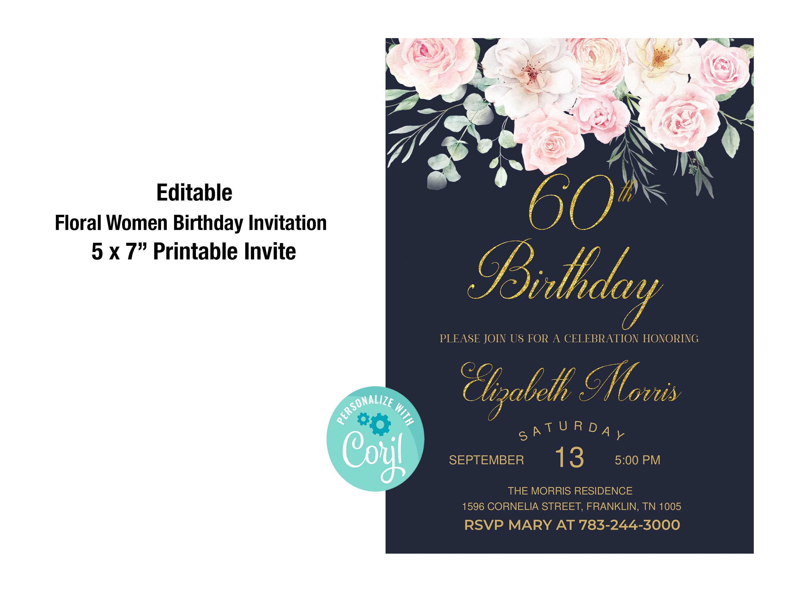 Editable 60th Birthday Invitation, Women Floral Birthday Invitation ...