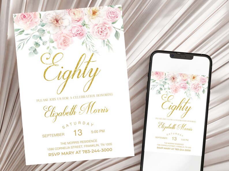 Editable 80th Birthday Invitation Women Eighty Floral - Etsy
