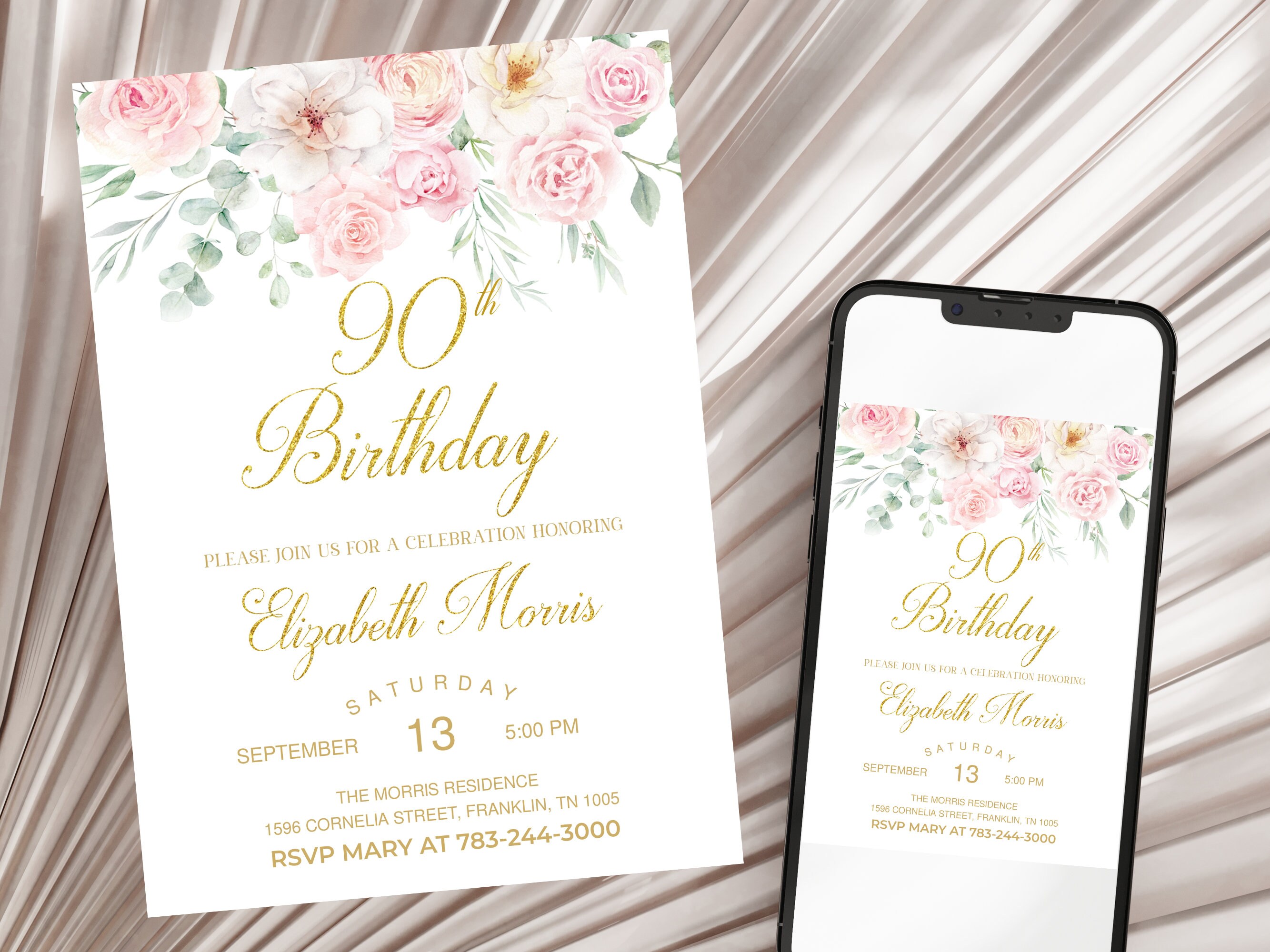 Editable 90th Birthday Invitation Women Floral Birthday - Etsy