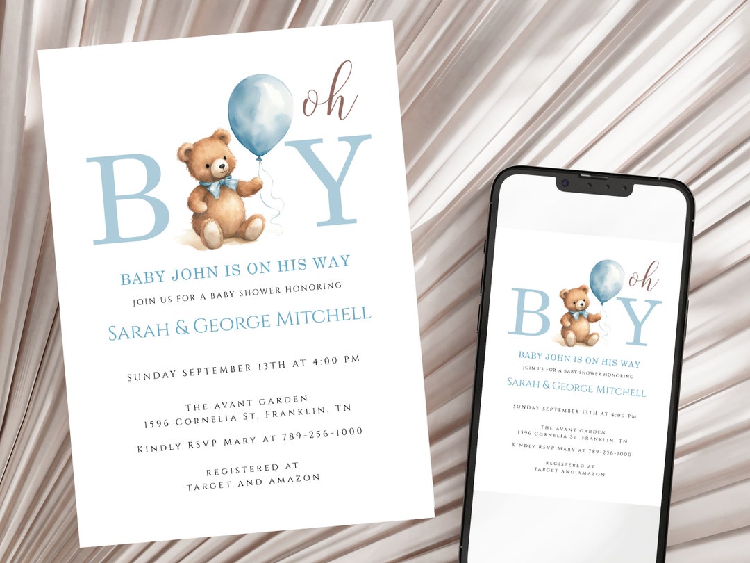 Editable Oh Boy Teddy Bear Balloon Baby Shower Invitation Blue Bearly ...