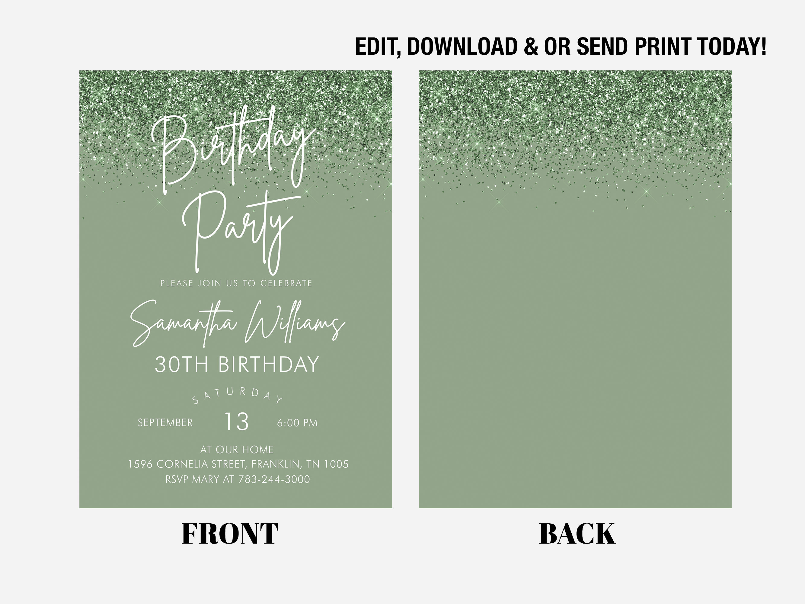 Birthday Invitation Printable Sage Green Birthday Party Invite Editable ...