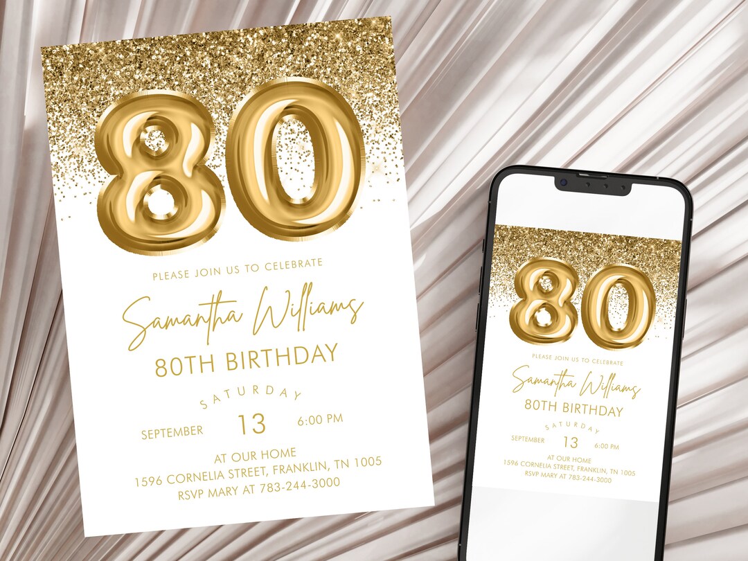 Gold Glitter Birthday Party Invitation, Golden Birthday 80th Invitation ...