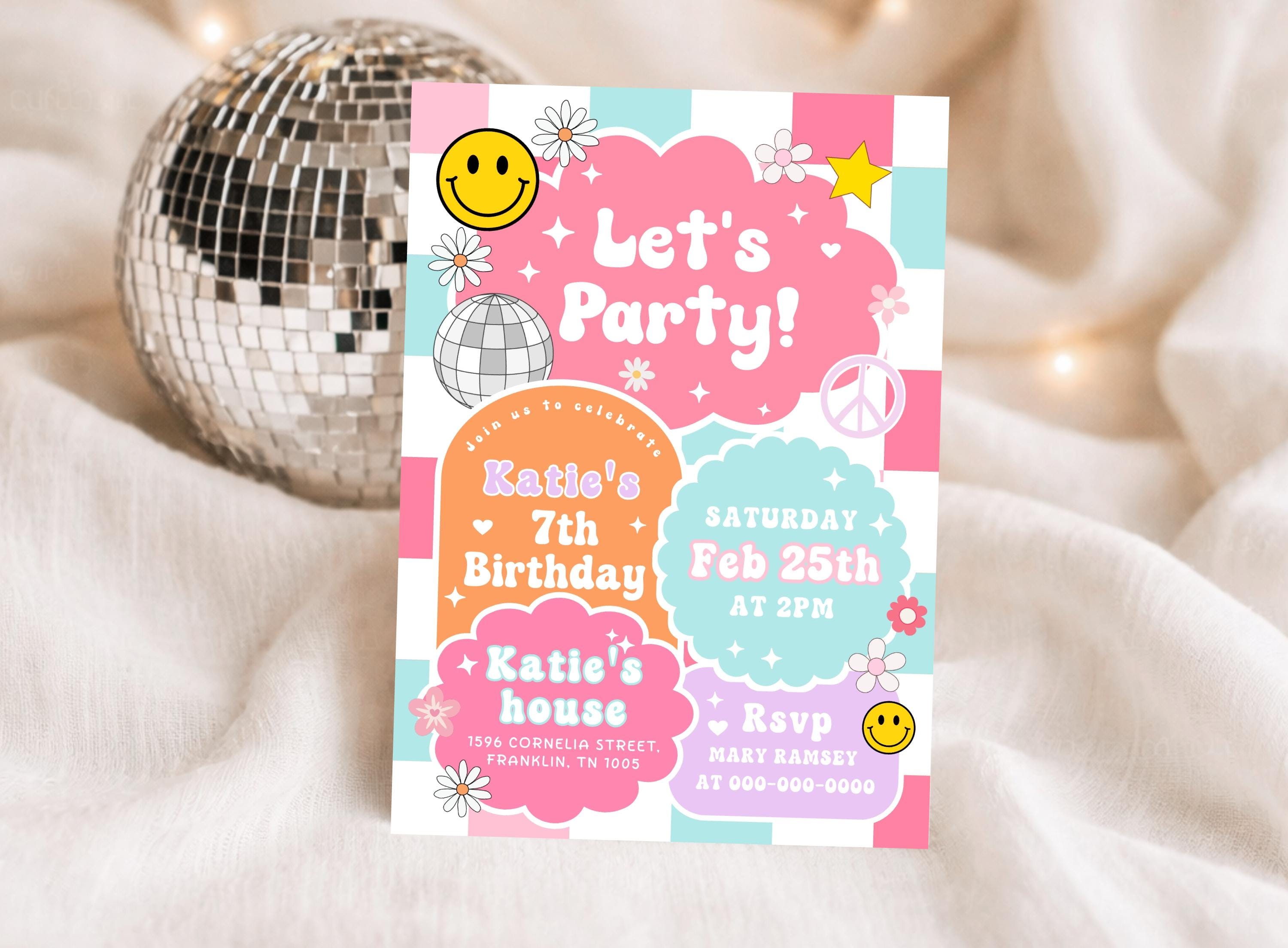 Editable Checkered Smile Face Birthday Invite, Groovy Retro Birthday ...