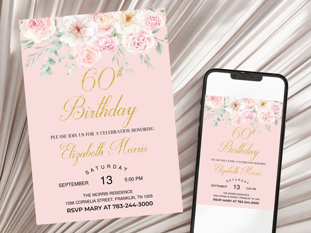 Editable 60th Birthday Invitation, Women Floral Birthday Invitation ...