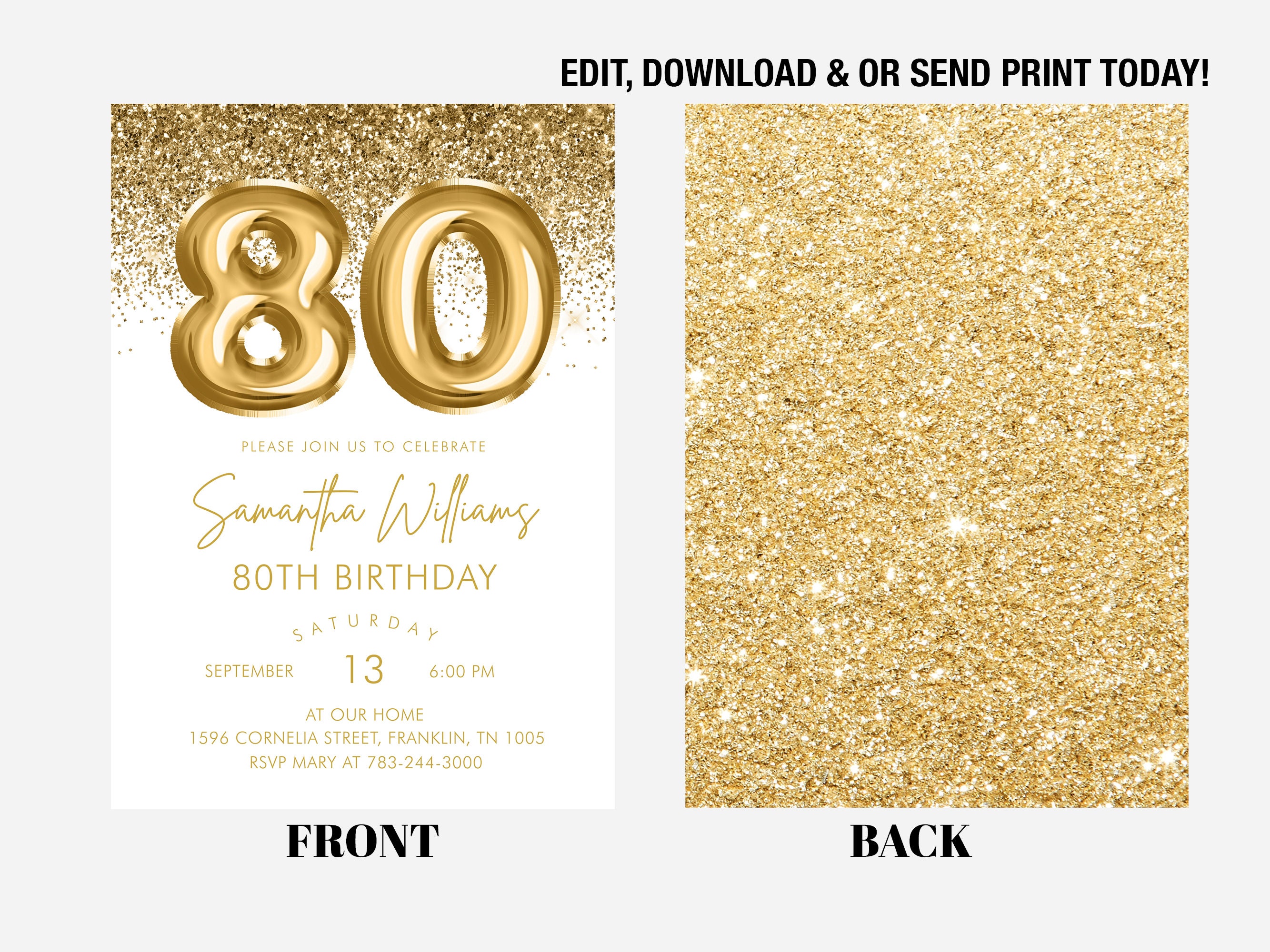 Gold Glitter Birthday Party Invitation Golden Birthday 80th - Etsy