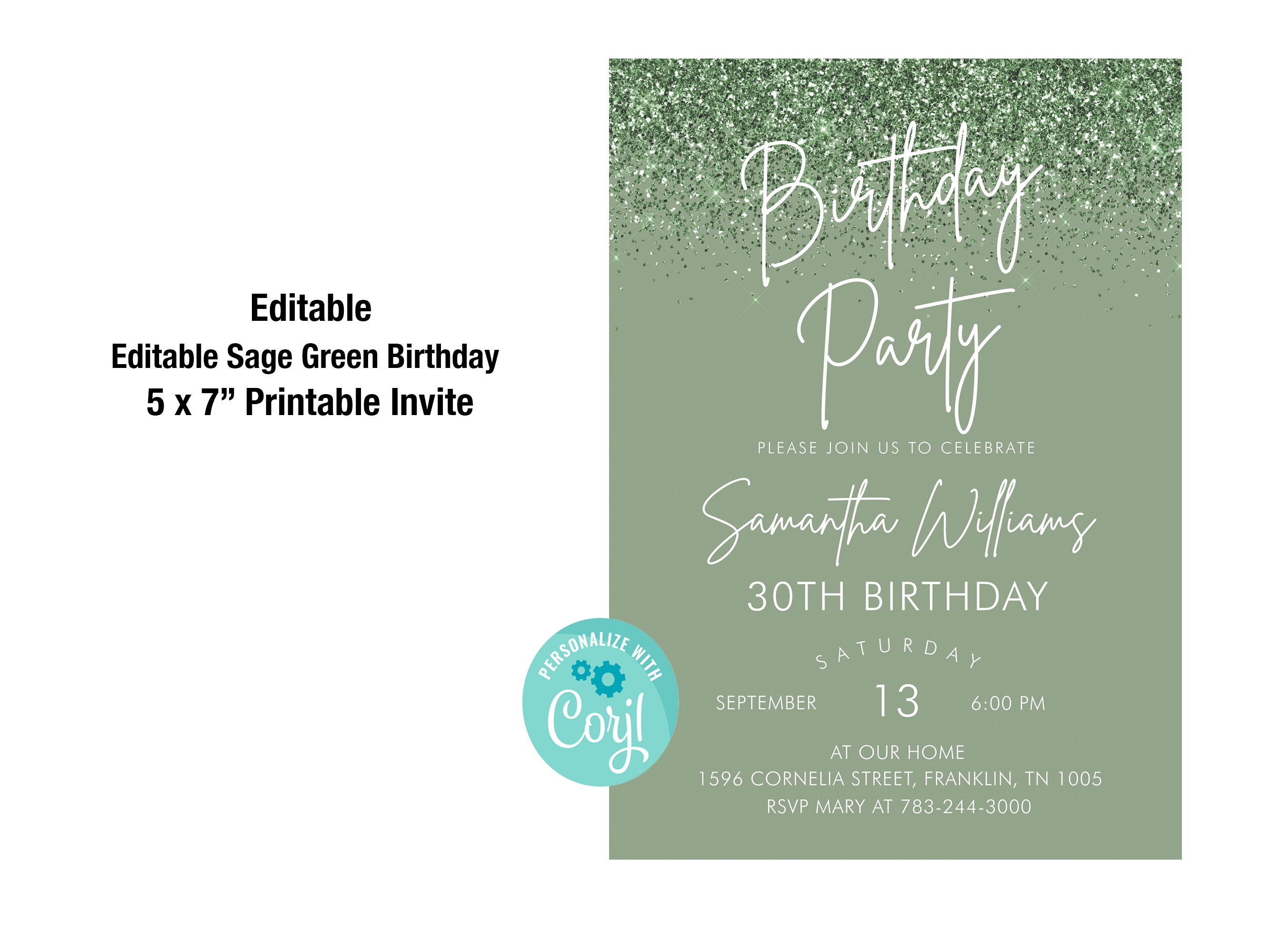 Birthday Invitation Printable Sage Green Birthday Party Invite Editable ...