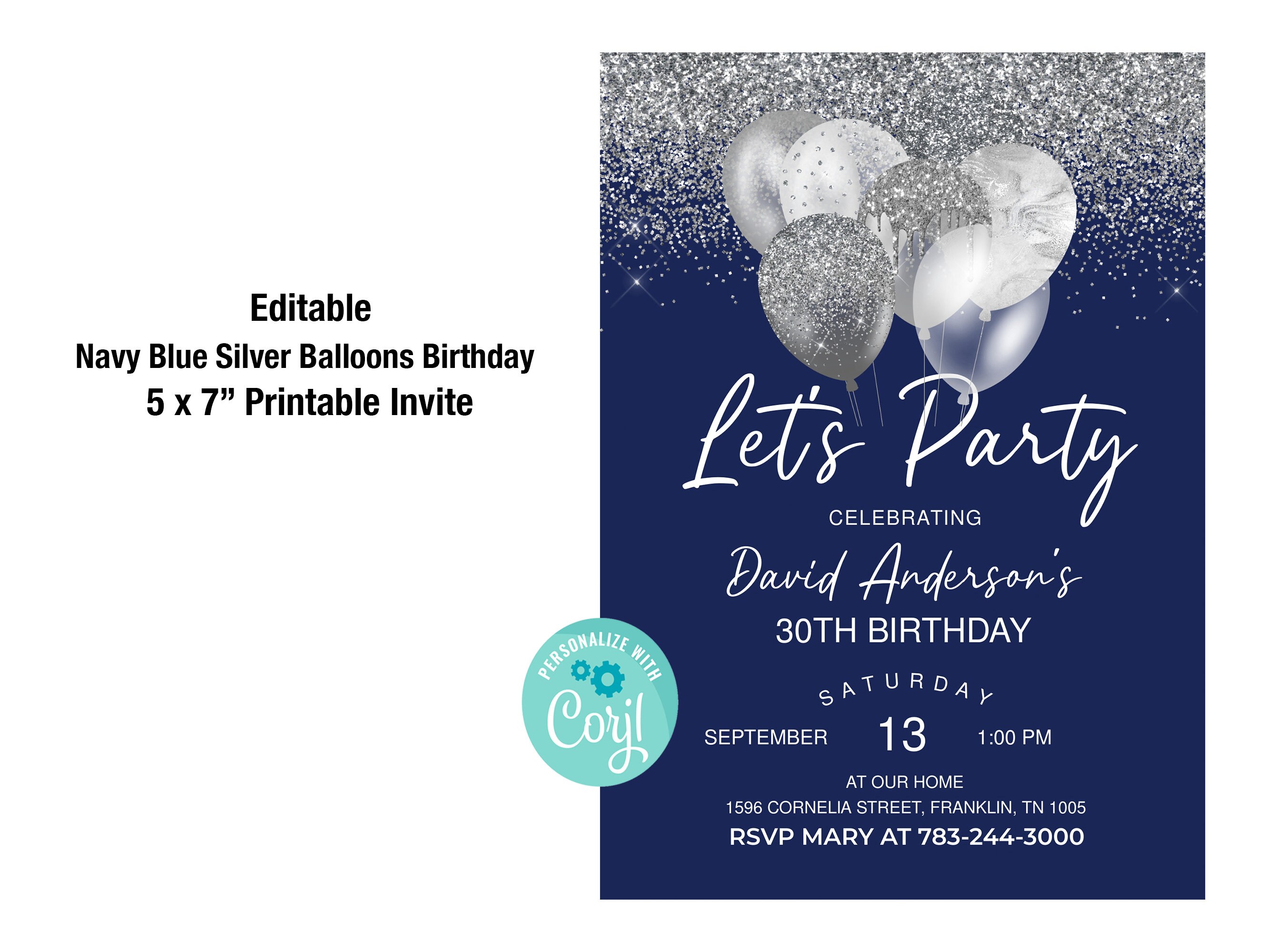 Navy Blue Silver Balloons Birthday Invitation Birthday Party - Etsy