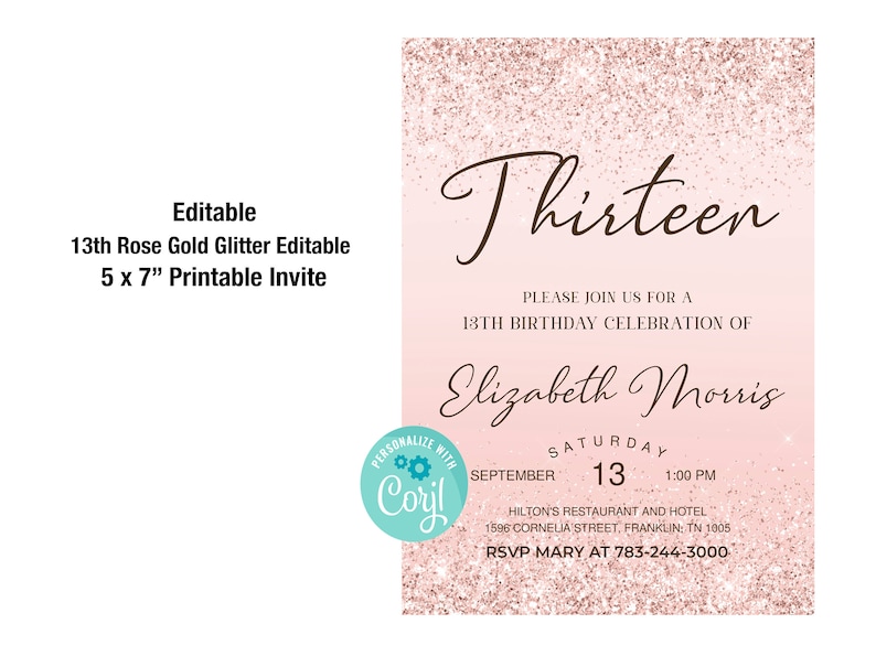 13th Rose Gold Glitter Editable Thirteen Birthday Invitation Template ...