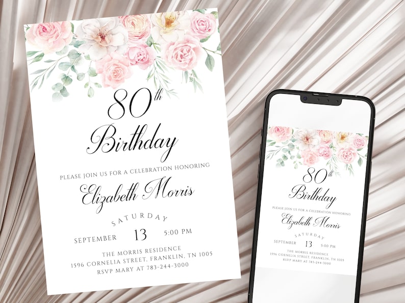 Editable 80th Birthday Invitation Women Floral Birthday - Etsy