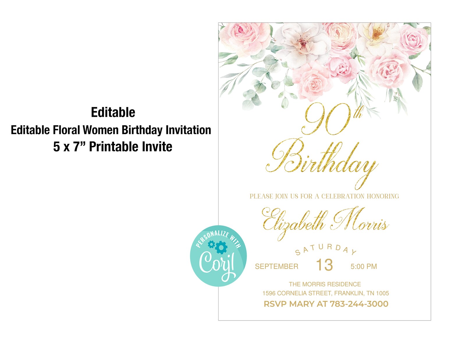 Editable 90th Birthday Invitation, Women Floral Birthday Invitation ...