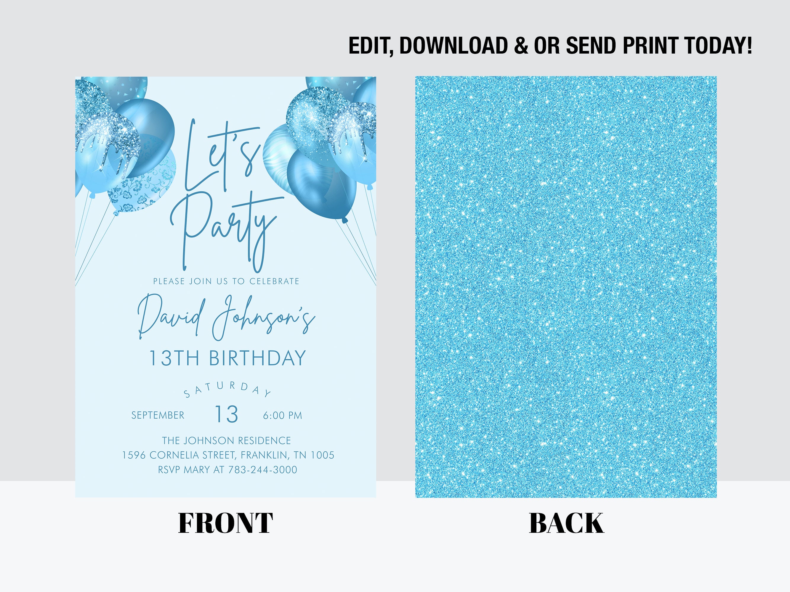 Editable Sky Blue Balloons Birthday Party Invitation, Party Invitation ...