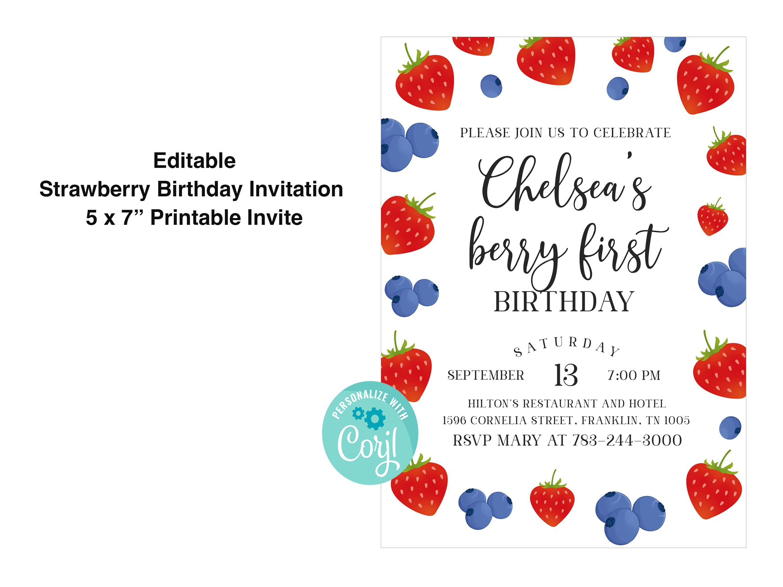 Editable Berry Sweet Birthday Invitation Blueberry Strawberry Picking ...